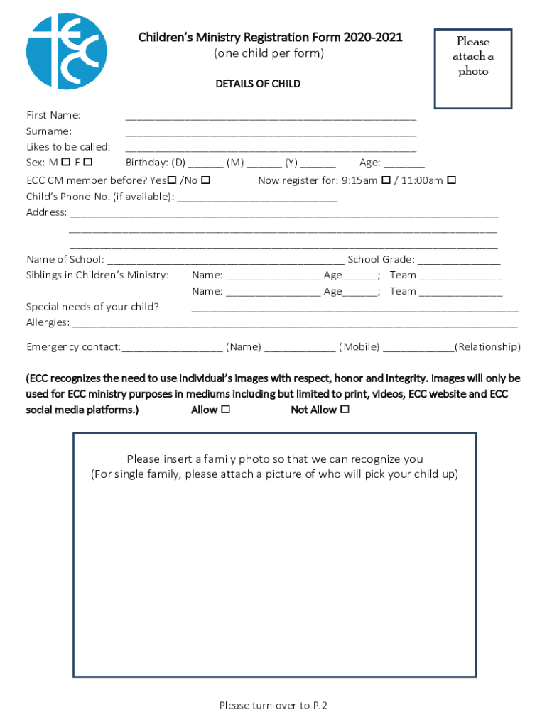 Fillable Online Childrens Ministry Registration Form 2020-2021 Fax ...