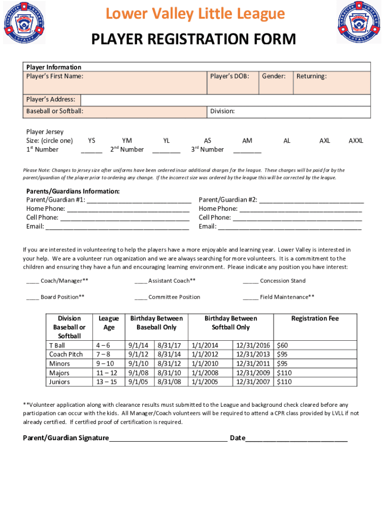 Fillable Online PDF Little League Player Registration Form - Little League Baseball Fax Email ...