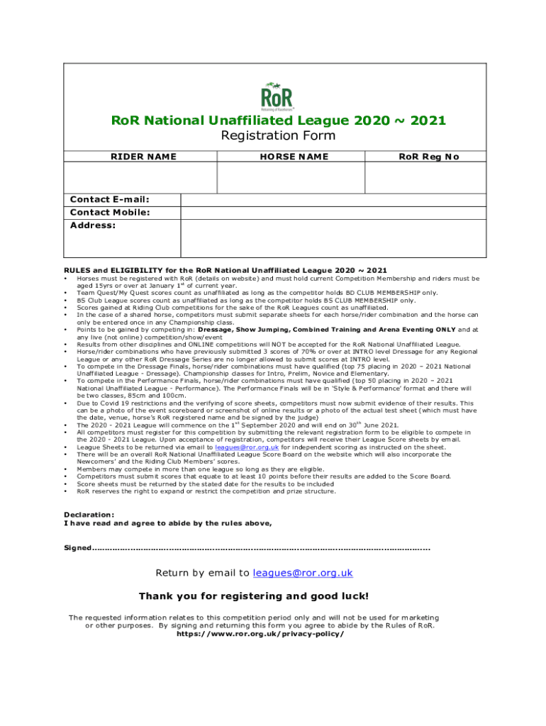 Fillable Online RoR National Unaffiliated League 2020 - 2021 Reg Form ...