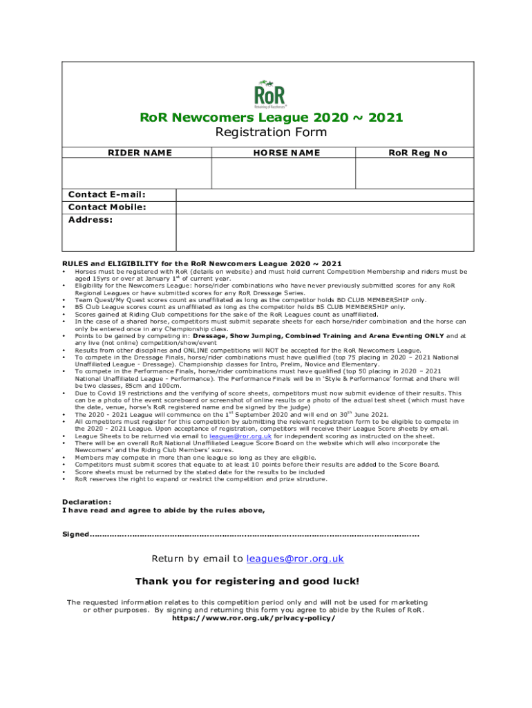 Fillable Online RoR Newcomers League 2020 - 2021 Reg Form.docx Fax ...