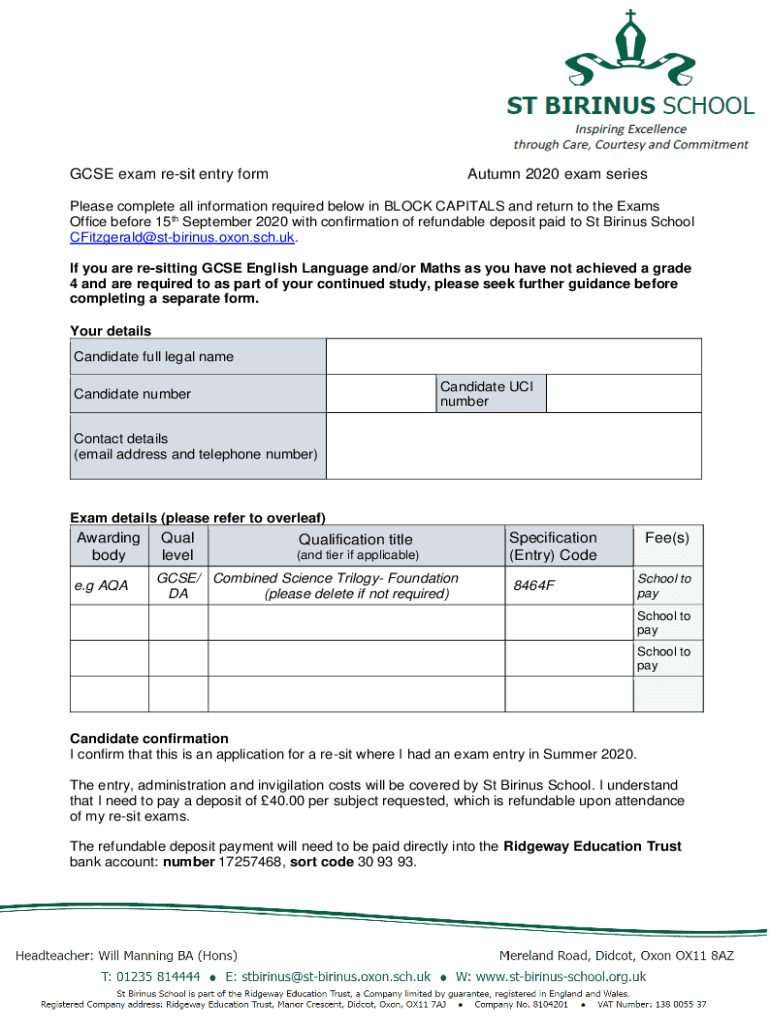 Fillable Online GCSE exam re-sit entry form Fax Email Print - pdfFiller