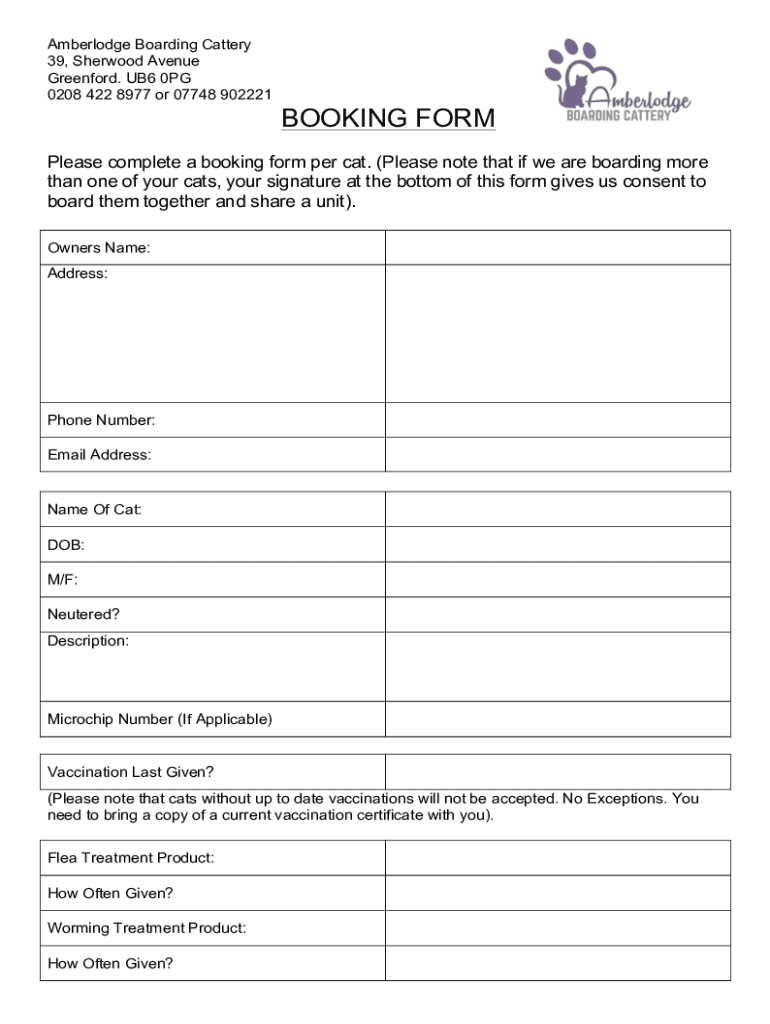 Fillable Online AMBERLODGE CATTERY BOOKING FORM WITH T&Cs.docx Fax ...