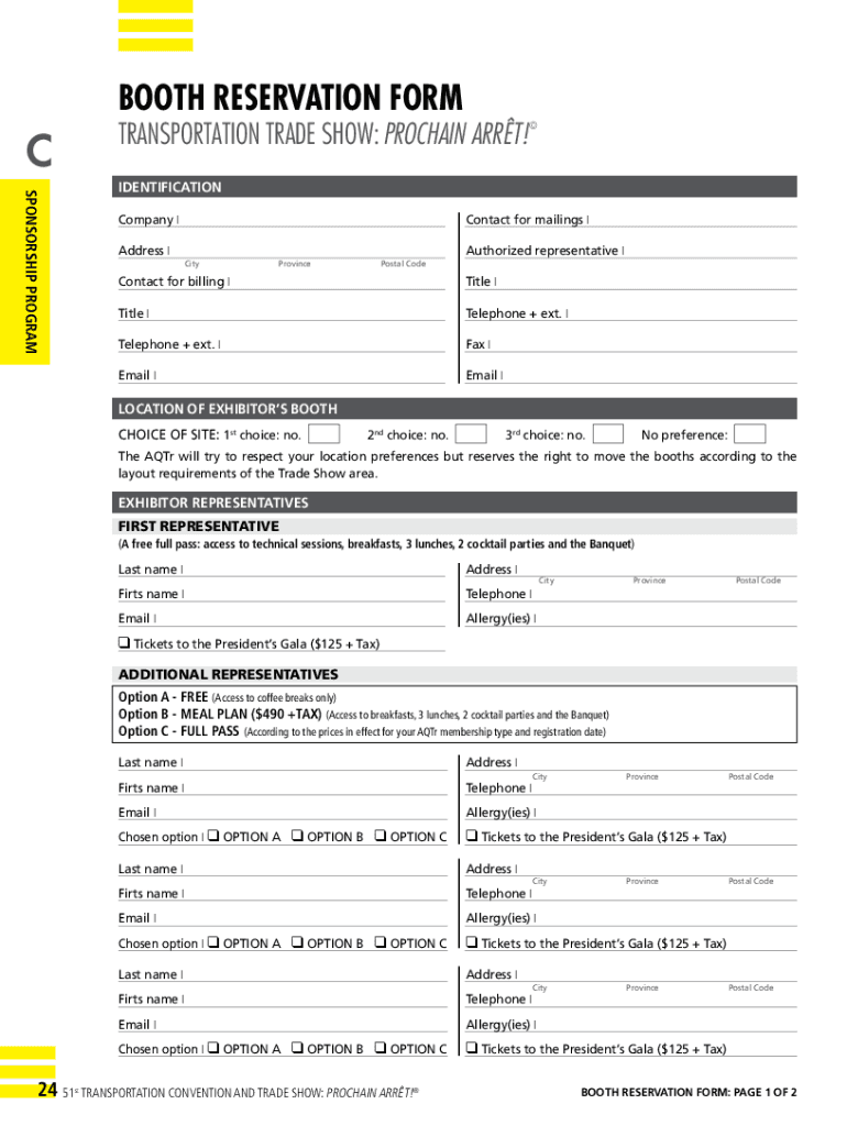 Fillable Online BOOTH RESERVATION FORM - AQTr Fax Email Print - pdfFiller