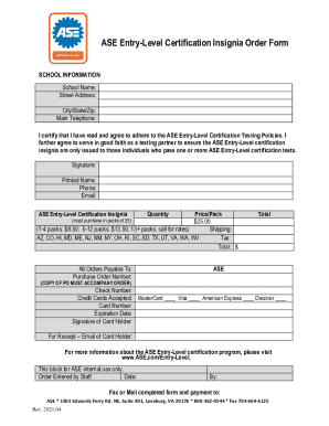 Fillable Online Fillable Online ASE Student Certification Insignia ...