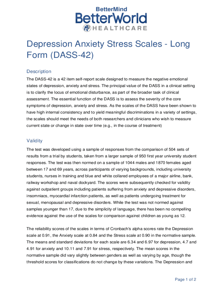 Fillable Online Depression Anxiety Stress Scales - Long Form Fax Email ...