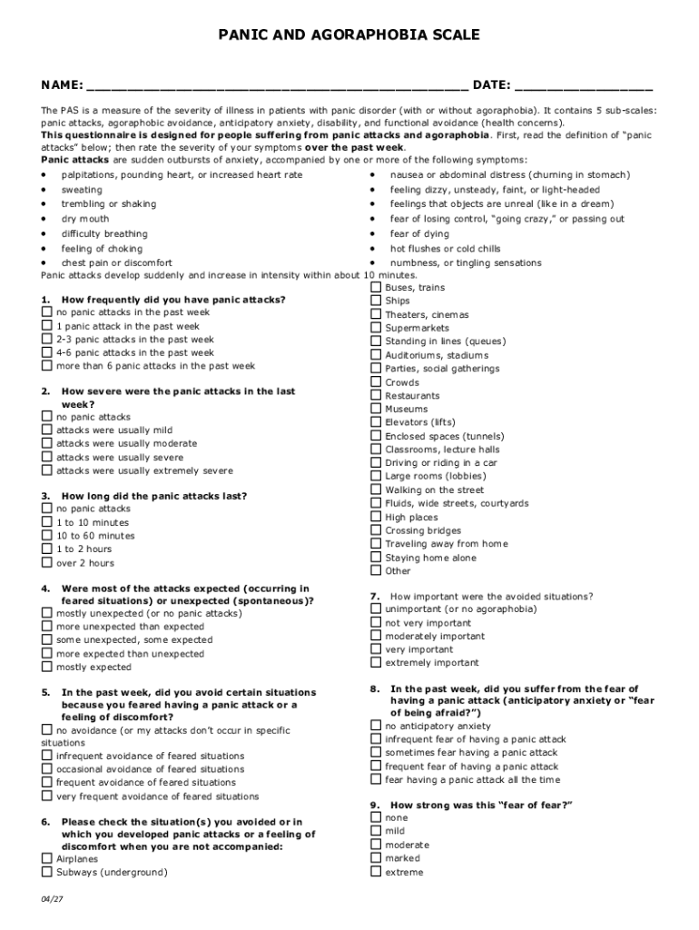 Fillable Online Severity Measure for Agoraphobia Adult This measure can ...