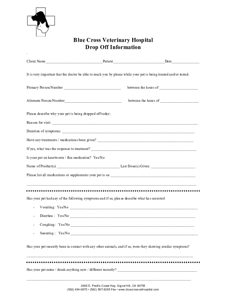 Fillable Online Drop Off Information Form (1) - Blue Cross Veterinary ...