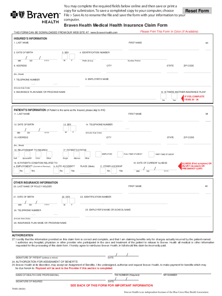 Fillable Online Braven Health Medical Health Insurance Claim Form ...