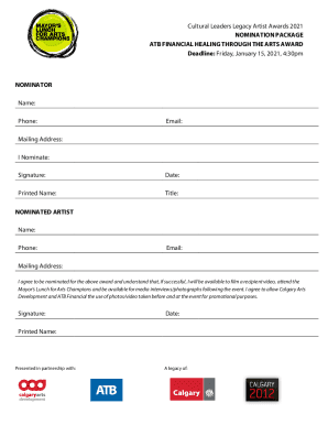 Fillable Online Cultural Leaders Legacy Artist Awards 2021 ATB Financial Healing Through the ...