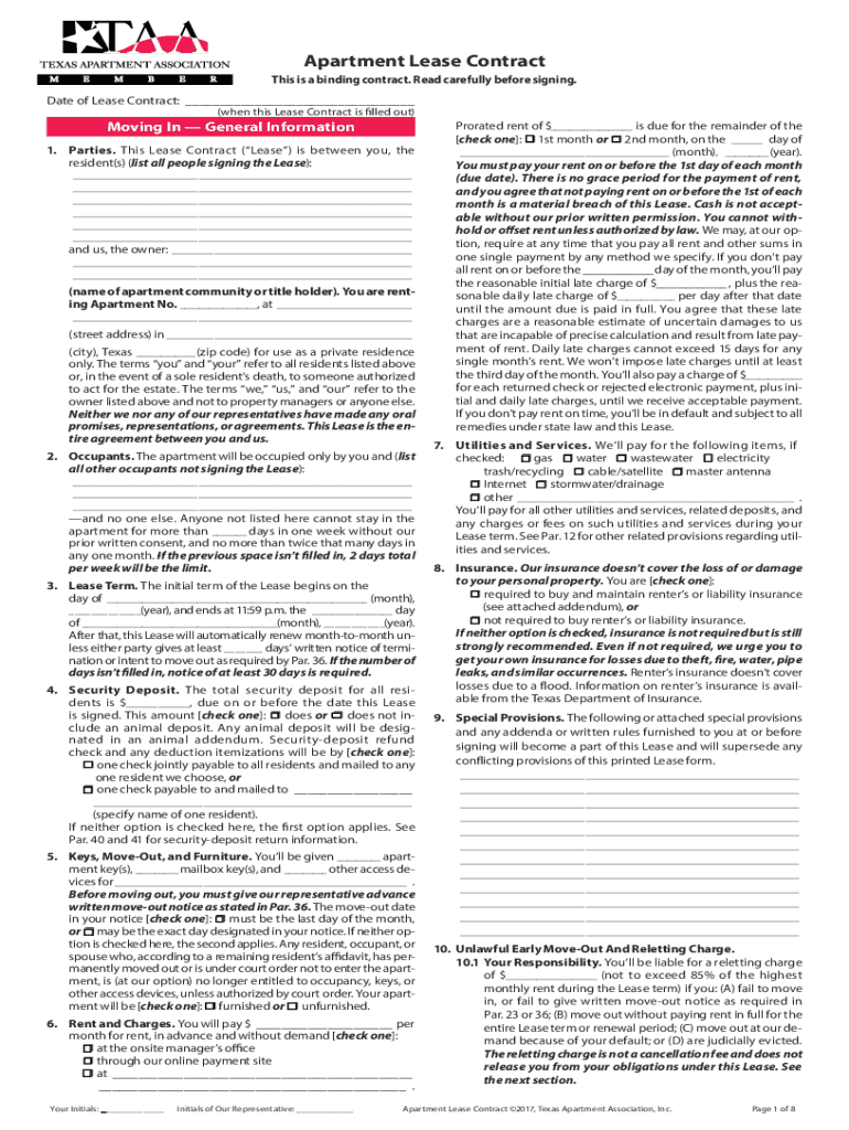 Apartment Lease Contract - Blank Fillable Template | Fill Out, Print ...