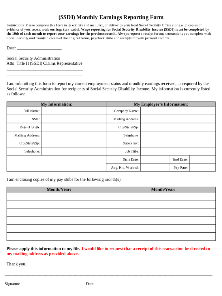 (SSDI) Monthly Earnings Reporting Doc Template | pdfFiller