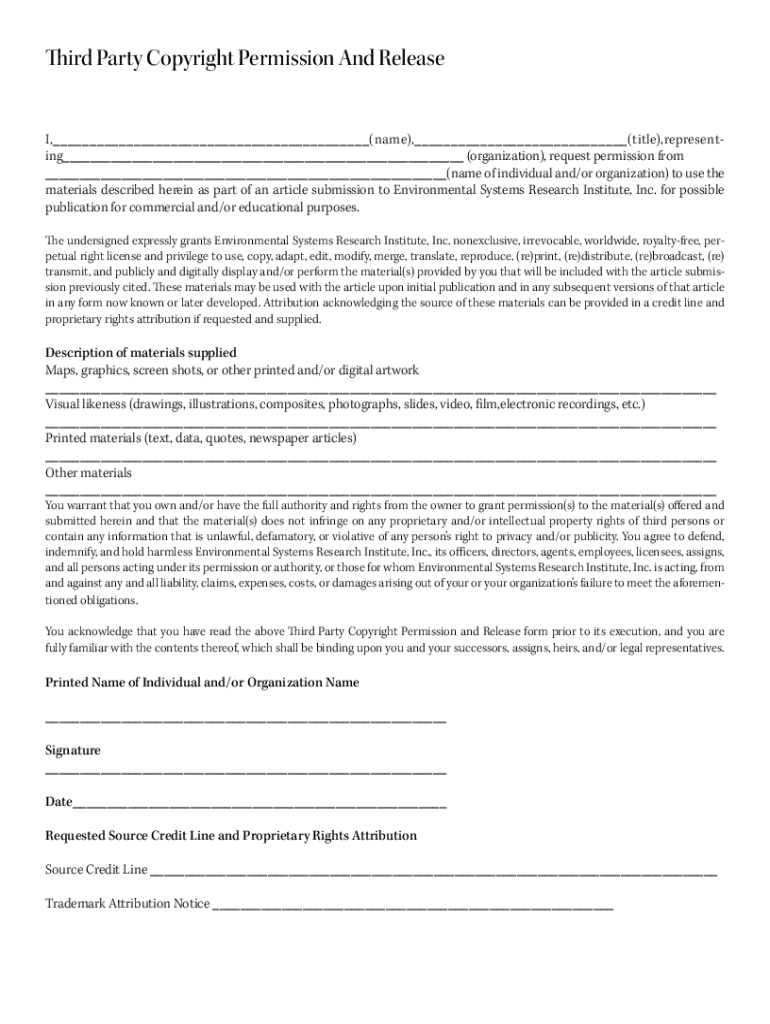 Fillable Online Esri 2015 Third Party Copyright Permission and Release ...