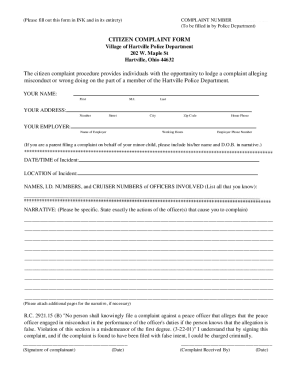 Fillable Online CITIZEN COMPLAINT FORM Village of Hartville Police ...