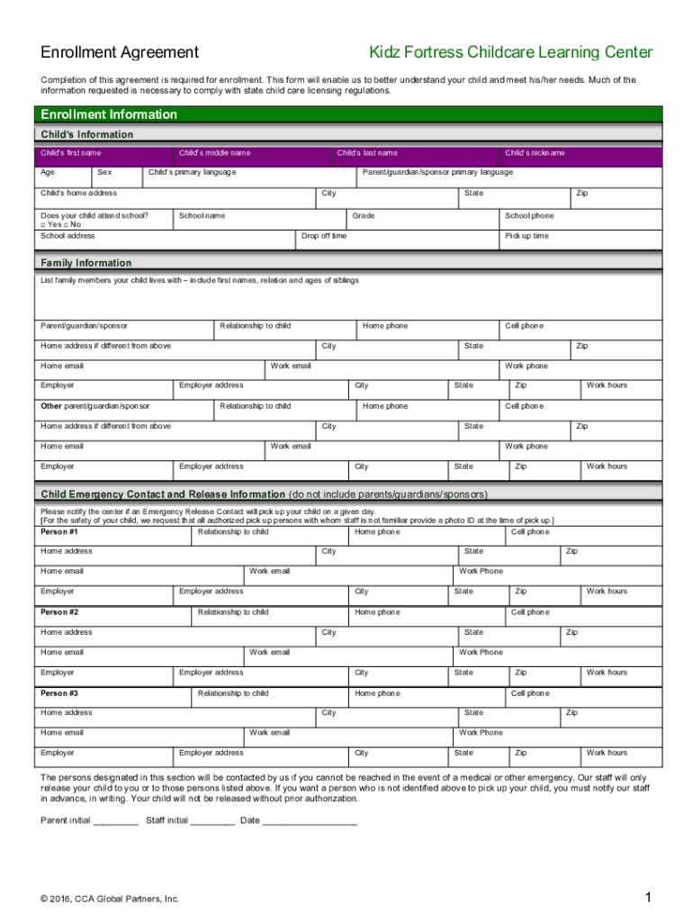Fillable Online Childcare Enrollment: Documents and Information to ...