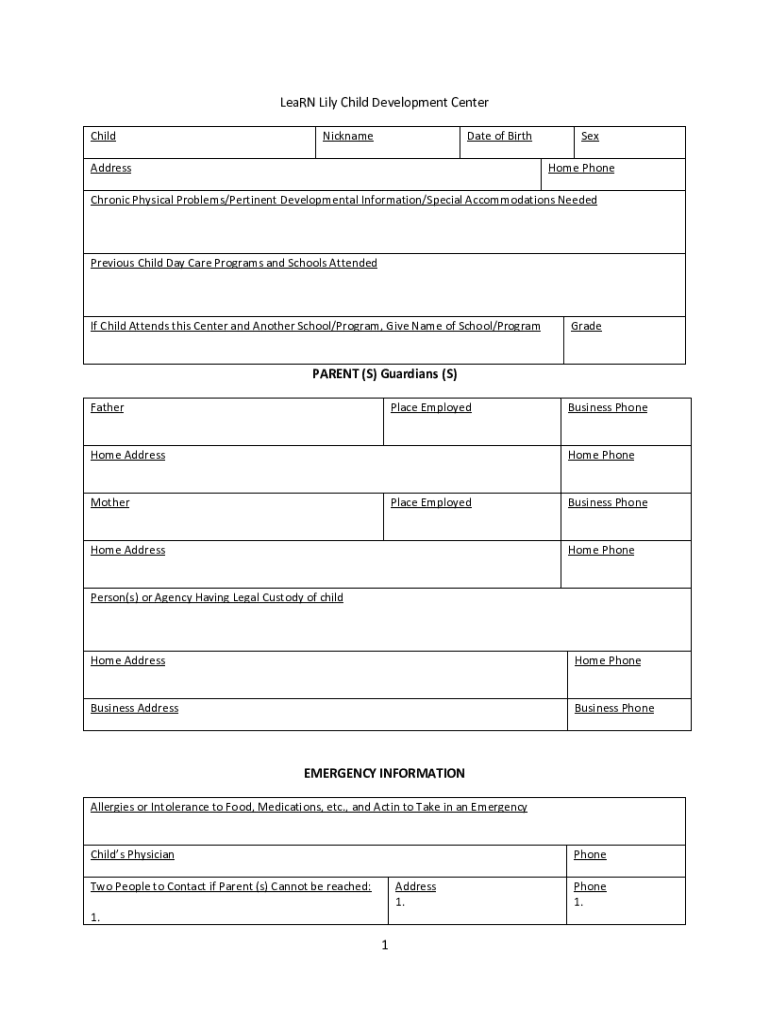 Fillable Online LeaRN Lily Child Development Center Fax Email Print ...