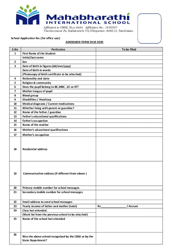 Fillable Online School Application No. - Maha Bharathi International ...