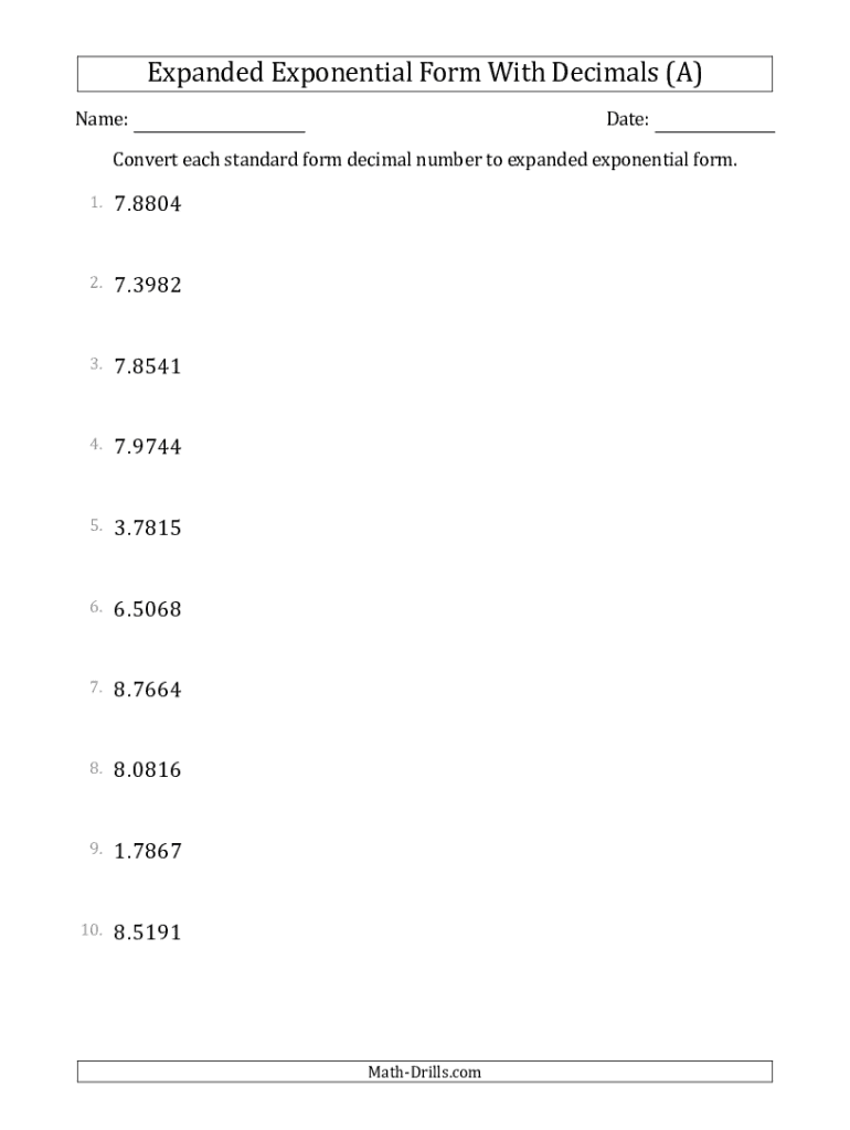 Fillable Online Decimals Worksheet -- Converting Standard Form Decimals to Expanded Exponential ...