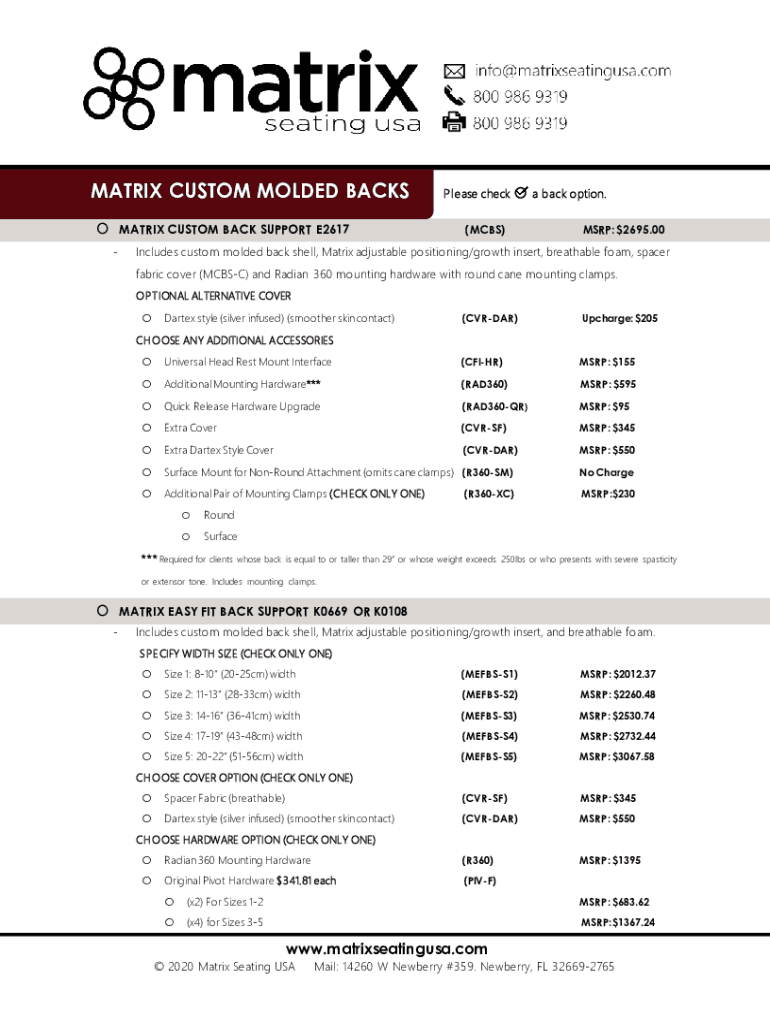 Fillable Online MATRIX CUSTOM MOLDED BACKS Please ... - Matrix Seating USA Fax Email Print ...