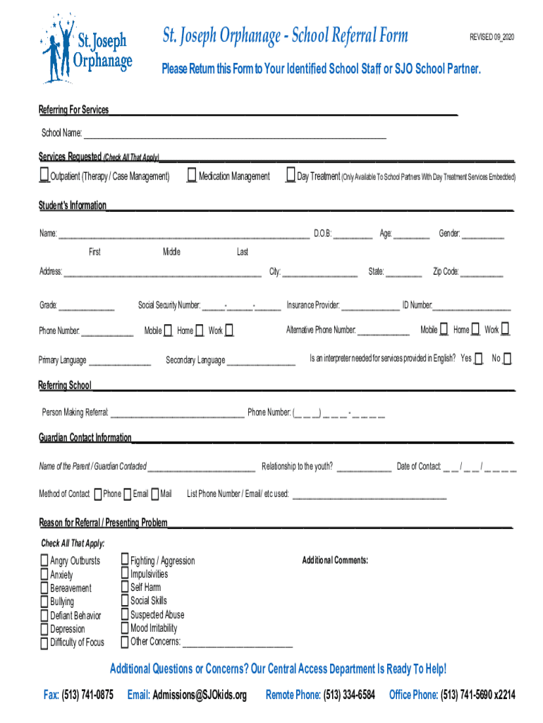 Fillable Online St. Joseph Orphanage - School Referral Form REVISED 0 ...