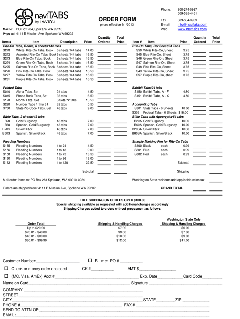 Fillable Online REVISED NaviTabs order form 6-1-13.xls Fax Email Print - pdfFiller