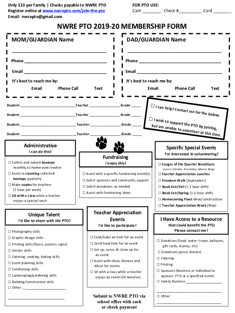 Fillable Online PTO Membership Form 2019-20 Final 8.5 x 11.docx Fax ...