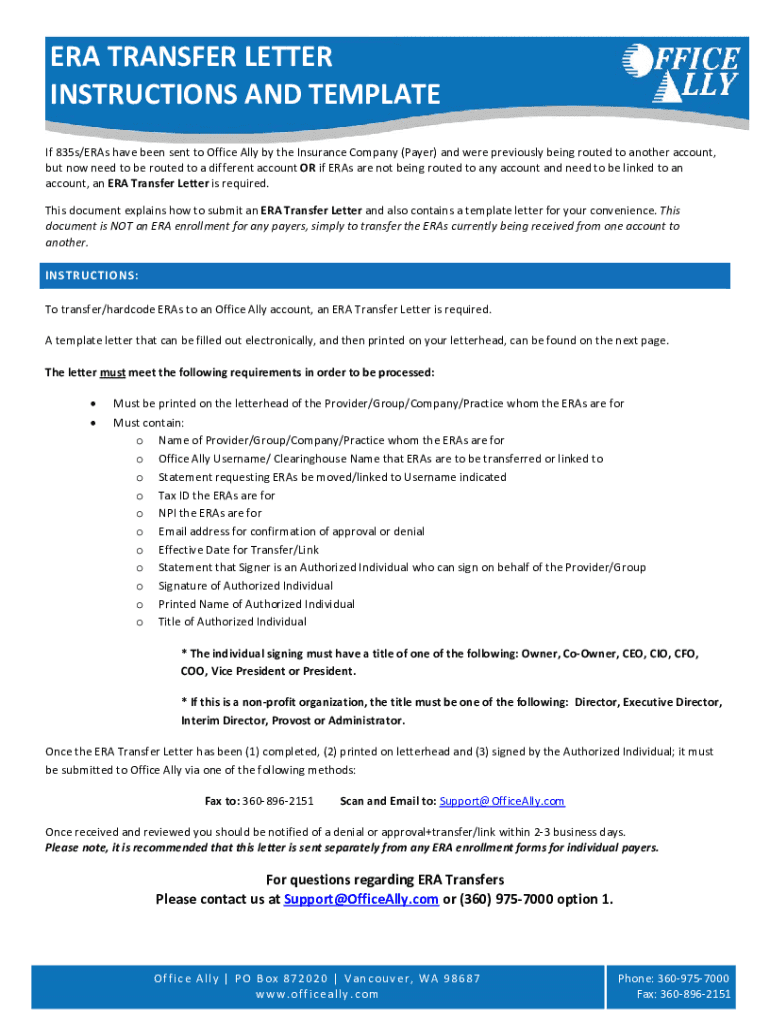 Fillable Online ERA TRANSFER LETTER INSTRUCTIONS AND TEMPLATE - Office ...
