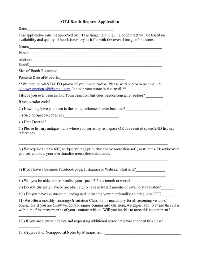 Fillable Online OTJ Booth Request Application - Old Town Junction Fax ...
