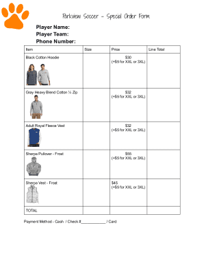 Fillable Online Parkview Soccer - Special Order Form Fax Email Print ...