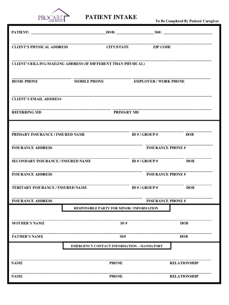 Fillable Online PATIENT INTAKE - Procare Home Medical Fax Email Print ...