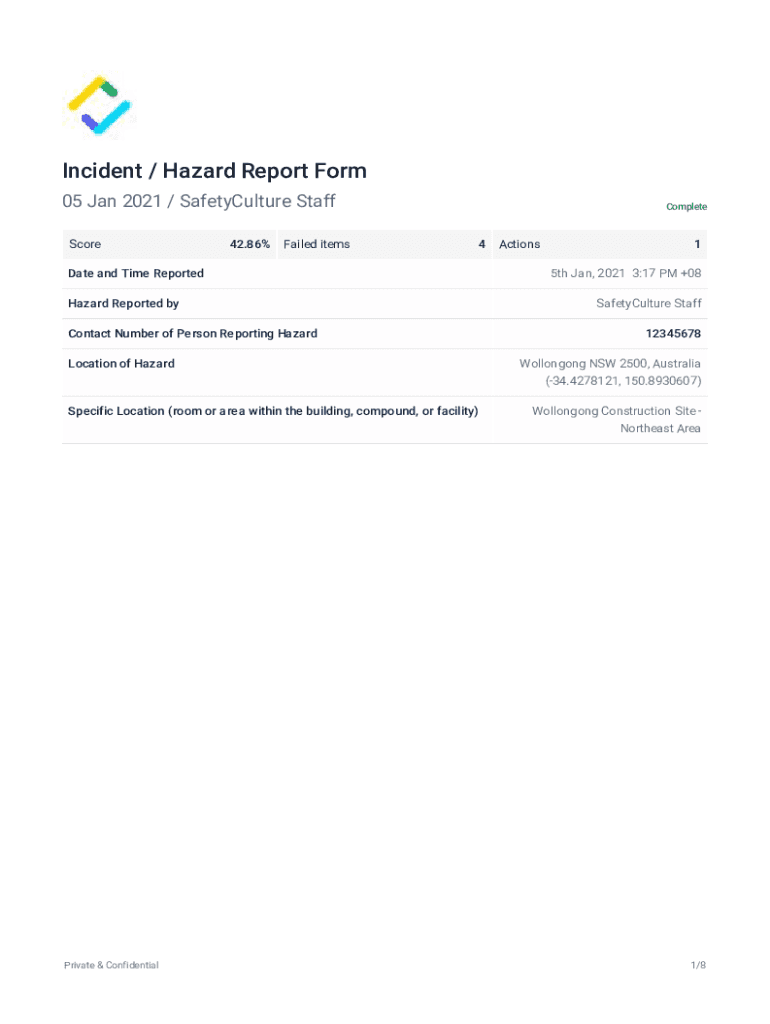Fillable Online Incident / Hazard Report Form. Incident / Hazard Report ...