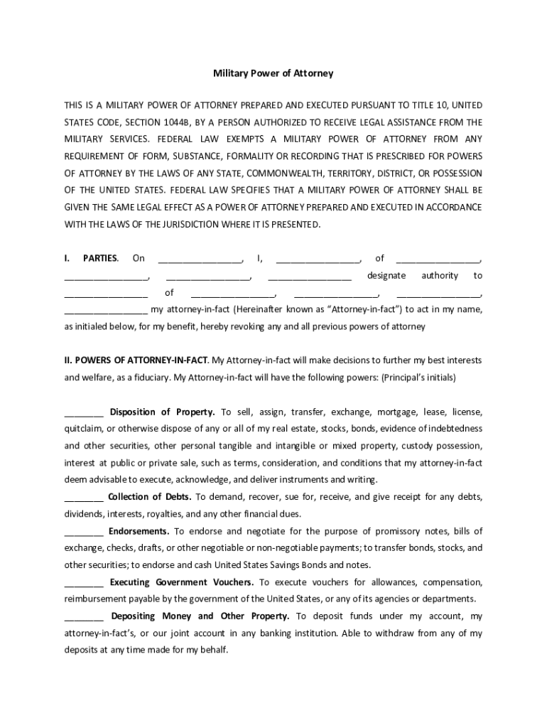 Fillable Online THIS IS A MILITARY POWER OF ATTORNEY PREPARED AND ...