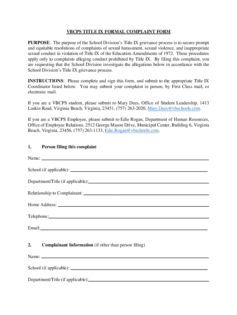 Fillable Online VBCPS Title IX Formal Complaint Form Fax Email Print ...