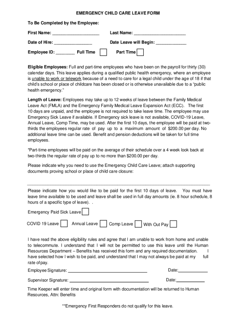 Fillable Online EMERGENCY CHILD CARE LEAVE FORM Fax Email Print - pdfFiller