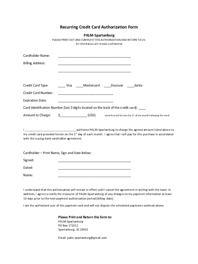 Fillable Online Recurring Credit Card Authorization Form - TeamUnify ...