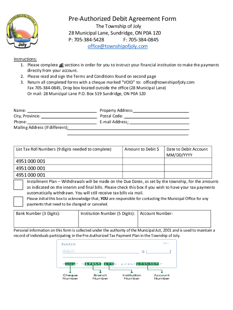 Fillable Online Pre-Authorized Debit Agreement Form Fax Email Print ...