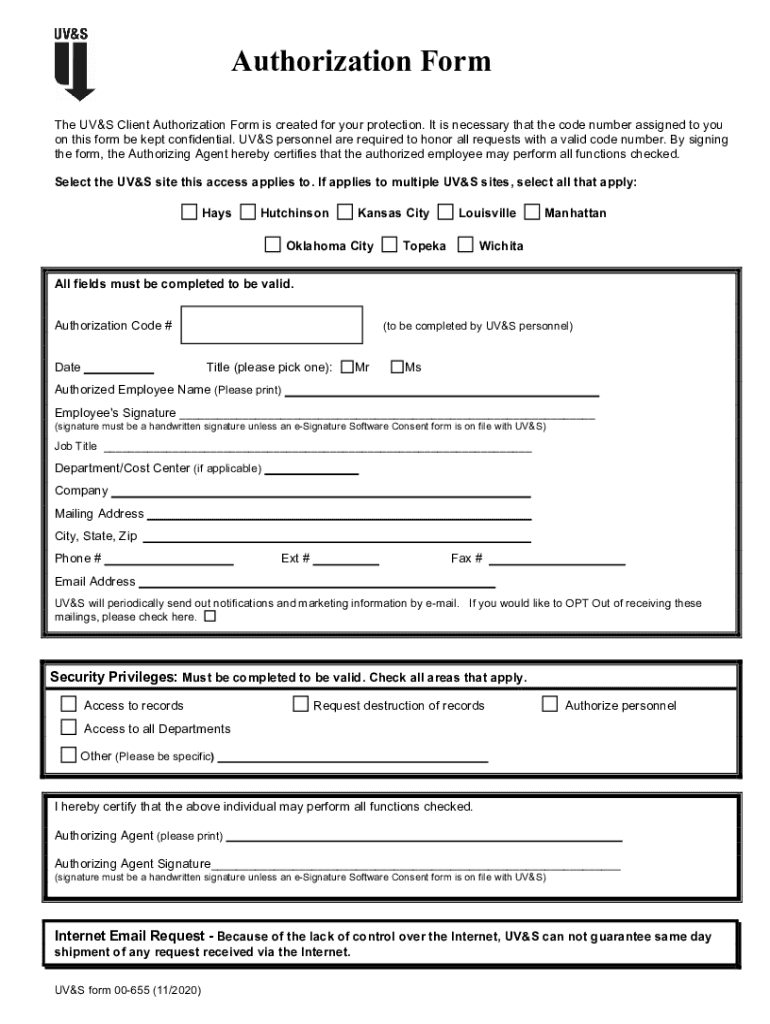 Fillable Online The UV&S Client Authorization Form is created for your protection Fax Email ...