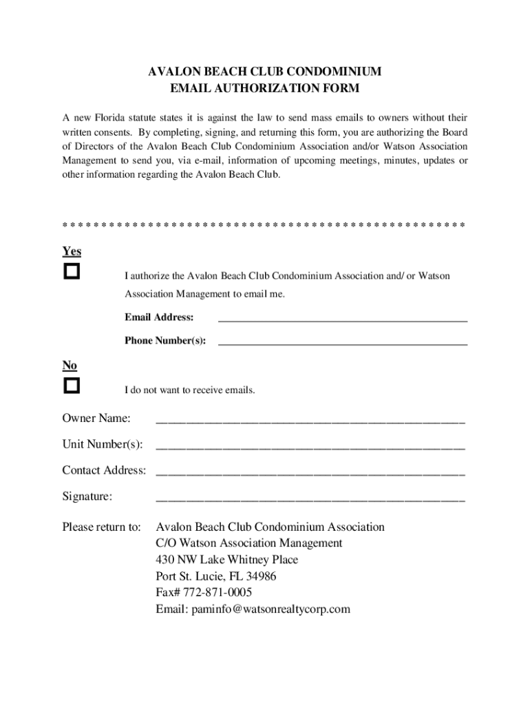 Fillable Online AVALON BEACH CLUB CONDOMINIUM EMAIL AUTHORIZATION FORM Fax Email Print - pdfFiller