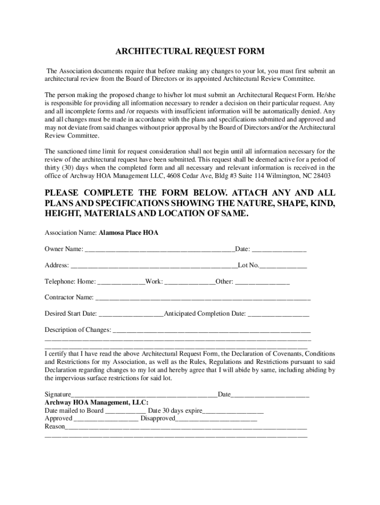Fillable Online HOA Architectural Request - Planned Development ...