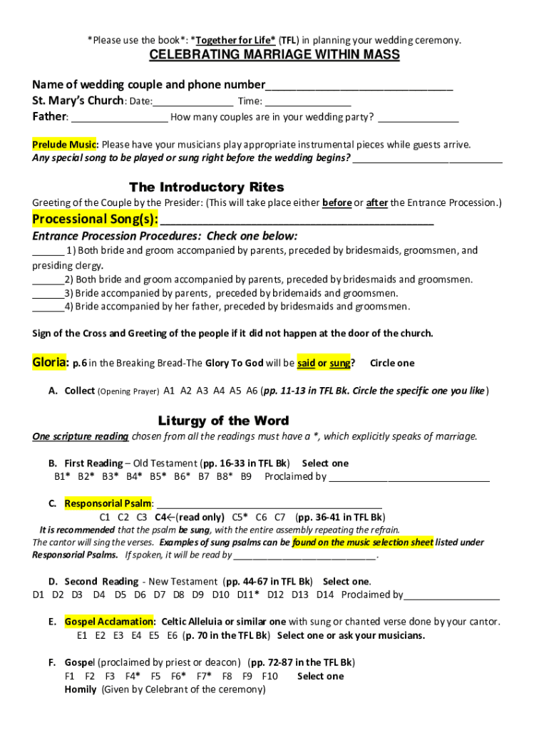 Fillable Online *Please use the book*: *Together for Life* (TFL) in ...