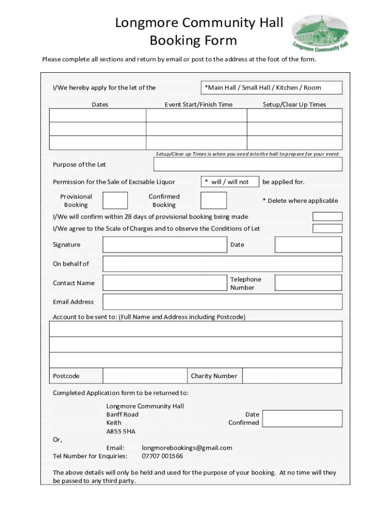 Fillable Online Longmore Community Hall - Hall Hire, FunctionsSteel ...