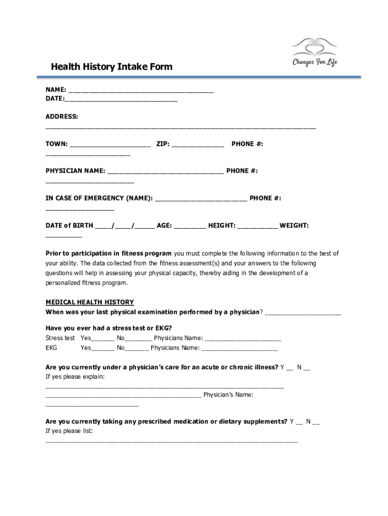 Fillable Online HEALTH HISTORY INTAKE FORM Name: Age ... - Dr. Mahesh ...