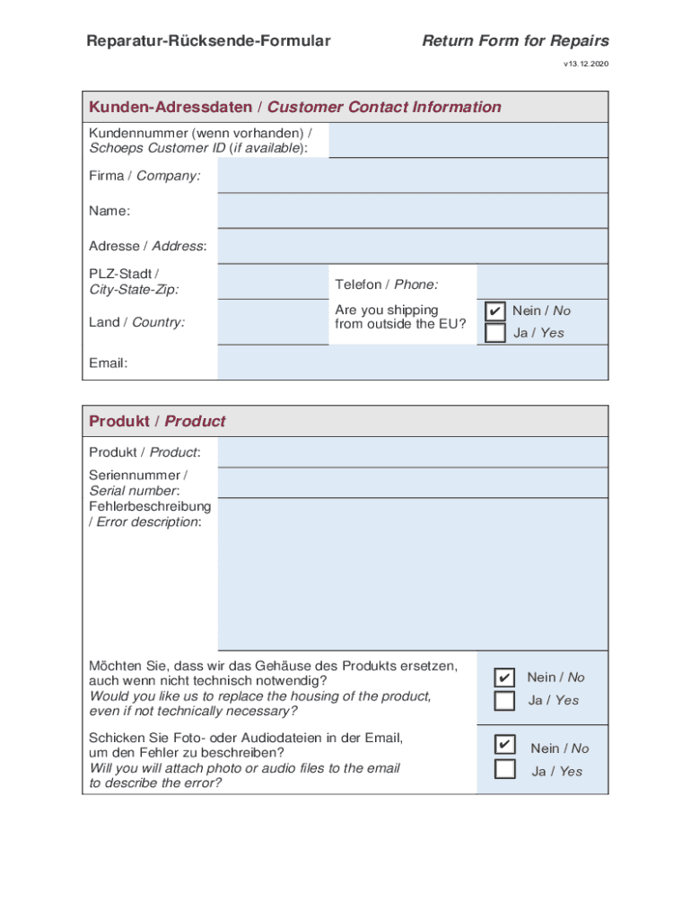 Fillable Online Reparatur-Rcksende-Formular Return Form for Repairs Fax ...
