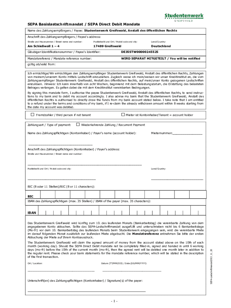Fillable Online SEPA Basislastschriftmandat / SEPA Direct Debit Mandate ...