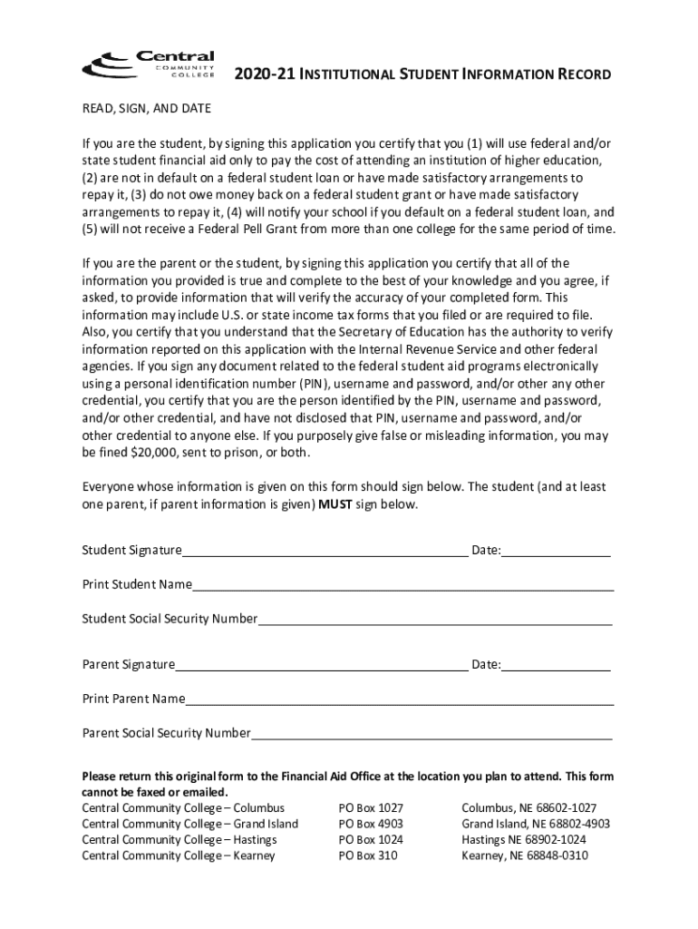 Fillable Online FAFSA Signature Sheet 2021-2022 Institutional Student ...