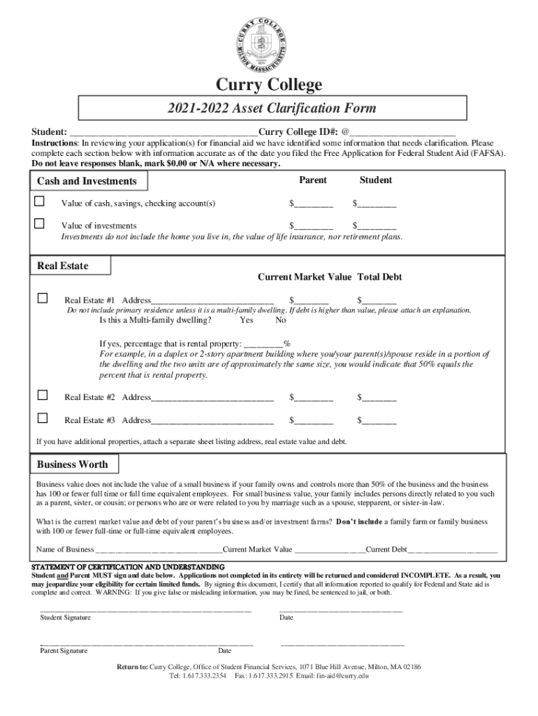 Fillable Online Fillable Online curry 20142015 Asset Clarification Form ...