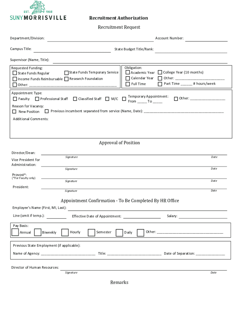 Fillable Online SUNY Morrisville Recruitment Authorization Fax Email ...