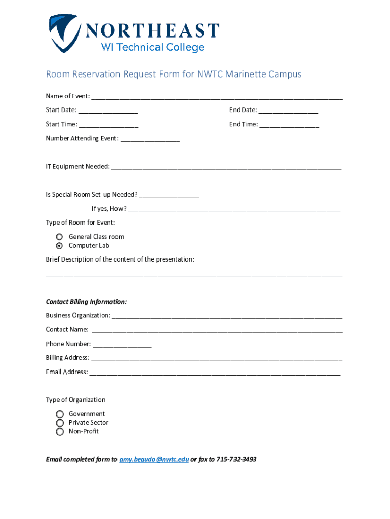 Fillable Online Room Reservation Request Form for NWTC Marinette Campus Fax Email Print - pdfFiller