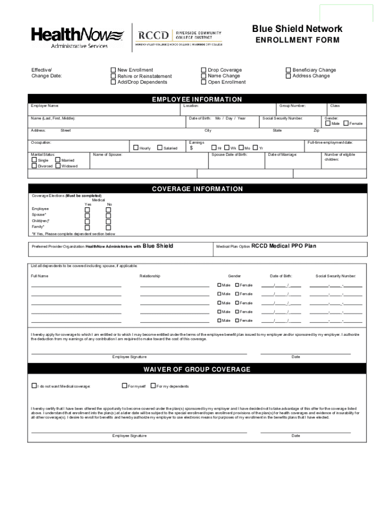 Fillable Online RCCD PPO Plan Enrollment Form Fax Email Print - pdfFiller