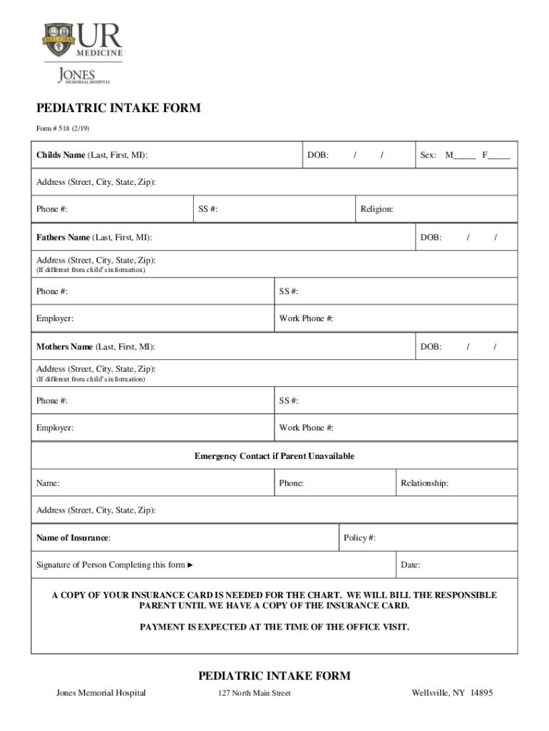 Fillable Online PEDIATRIC INTAKE FORM - Welcome to URMC - Rochester, NY Fax Email Print - pdfFiller