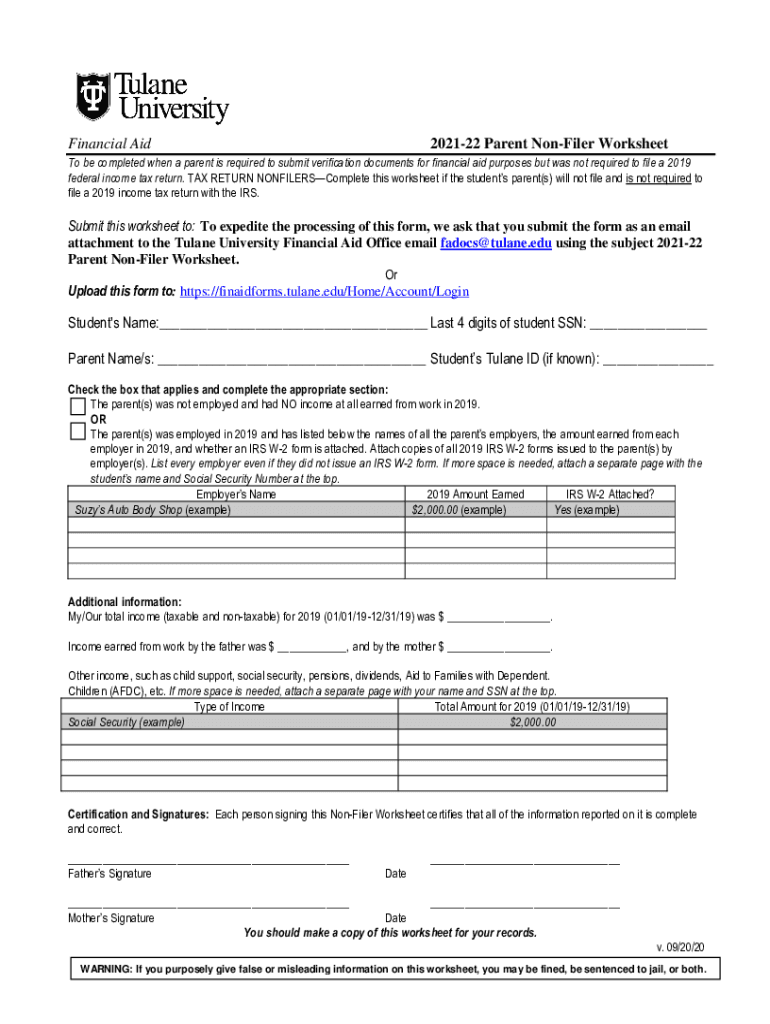 Fillable Online financialaid tulane Financial Aid 2021-22 Student Non ...